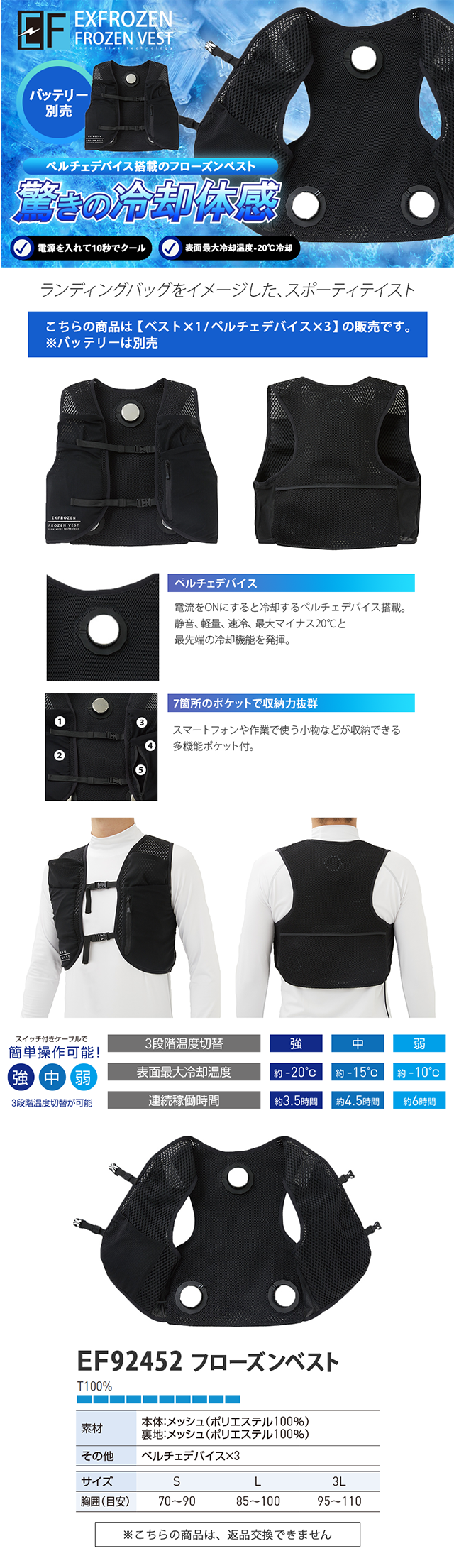 【ペルチェベスト】EF92452ペルチェ素子デバイス搭載の冷却フローズンベスト